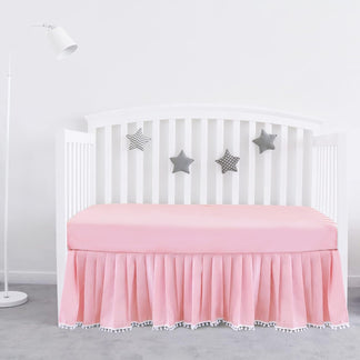 Crib Skirt - Dust Ruffle with Lovely Pompoms, 14" Drop, White (for Sta